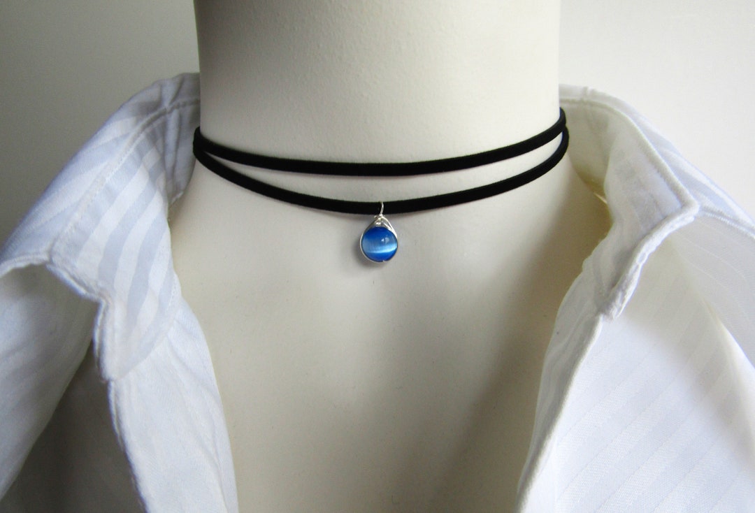 Blue Cats Eye Choker: Black Faux Suede Layered Necklace, Silver Wire ...
