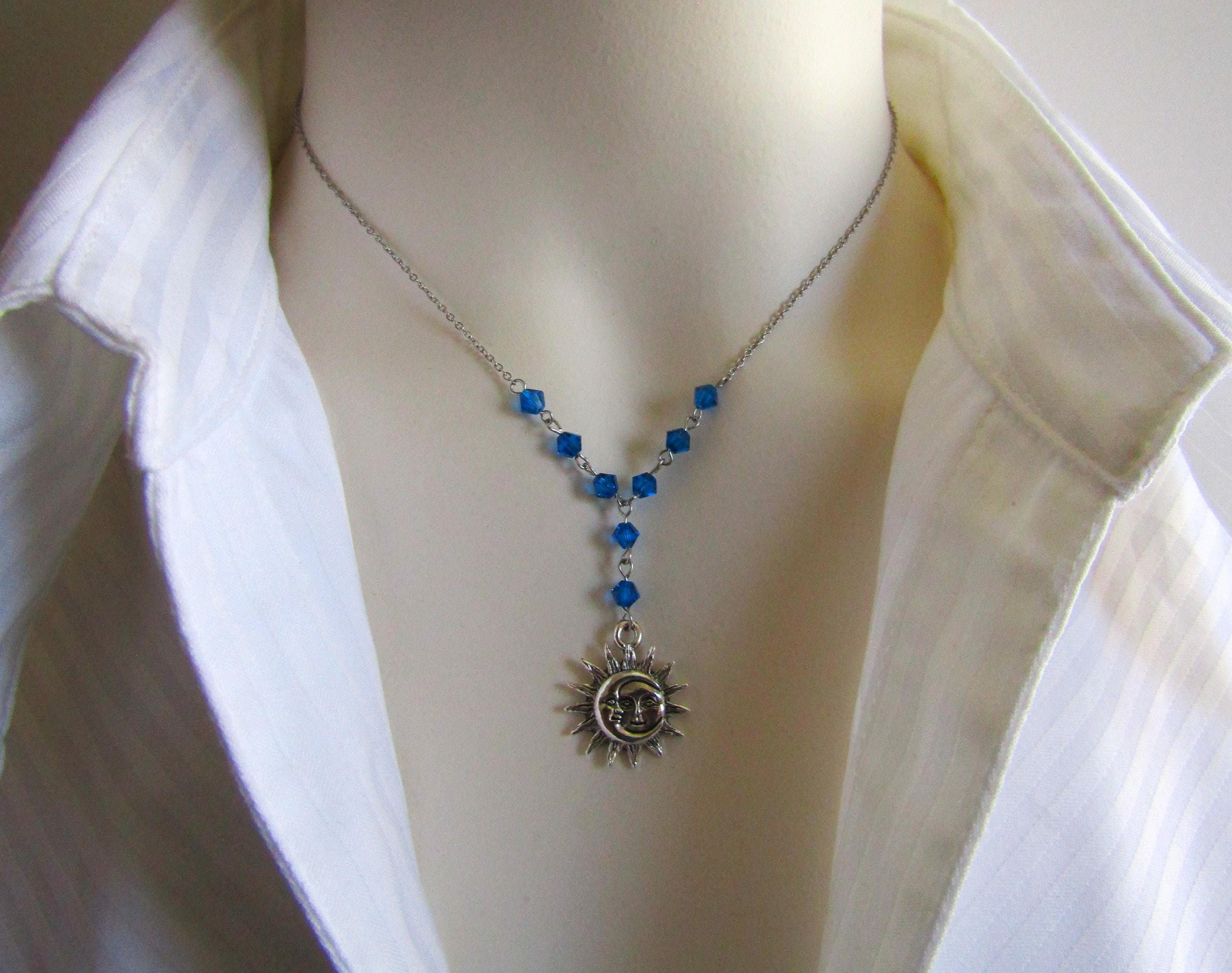 Silver Sun and Moon Pewter Charm & Swarovski Crystal Blue Glass Y ...