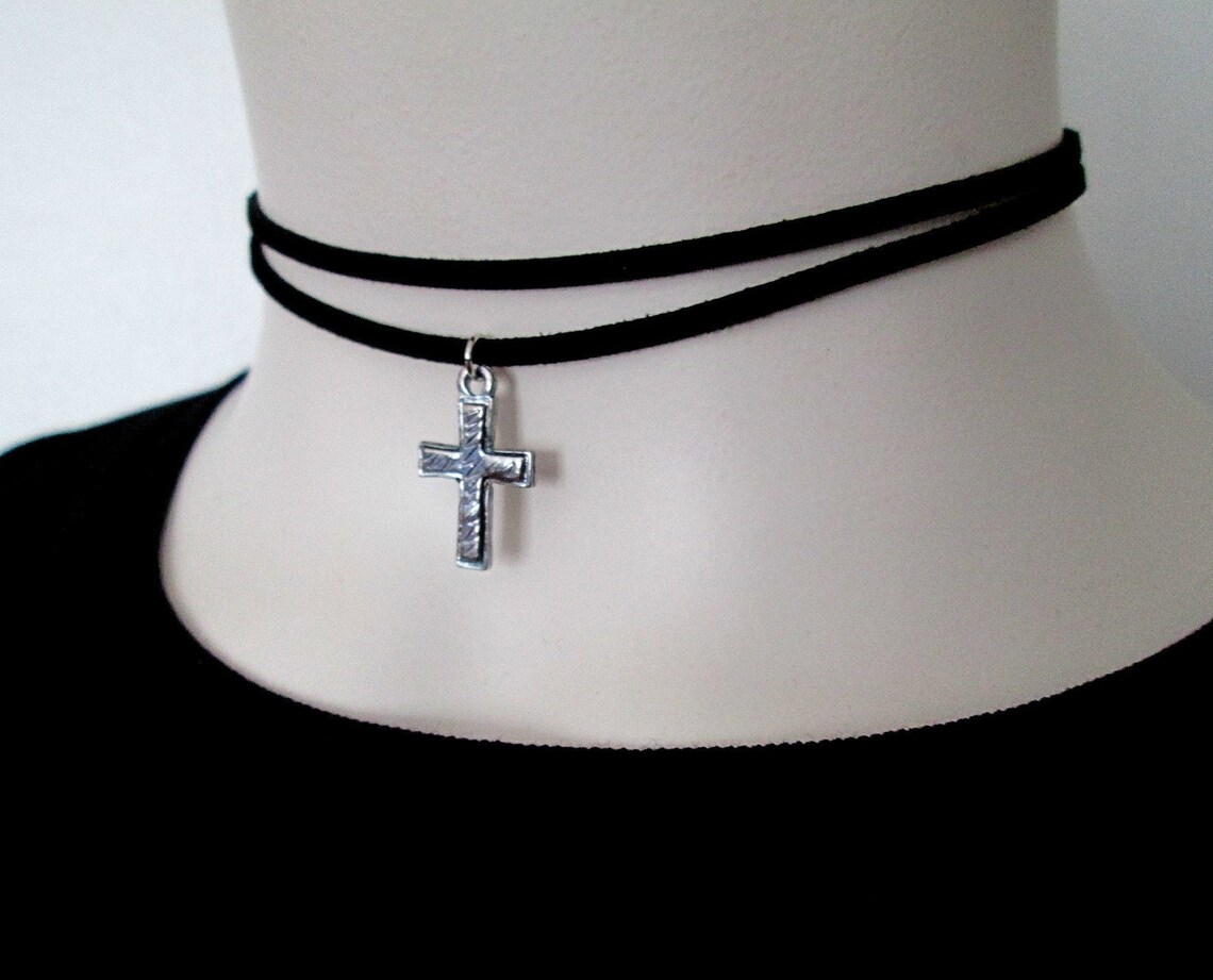 Silver Cross Choker, Black Faux Suede Double Strand Choker, Simple ...