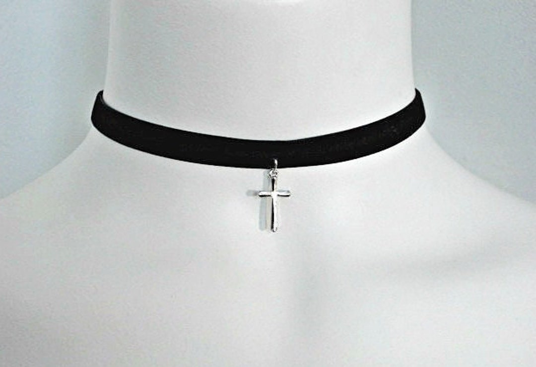 Silver Cross Choker, Gold Cross Choker, Black Leather Choker, Black ...