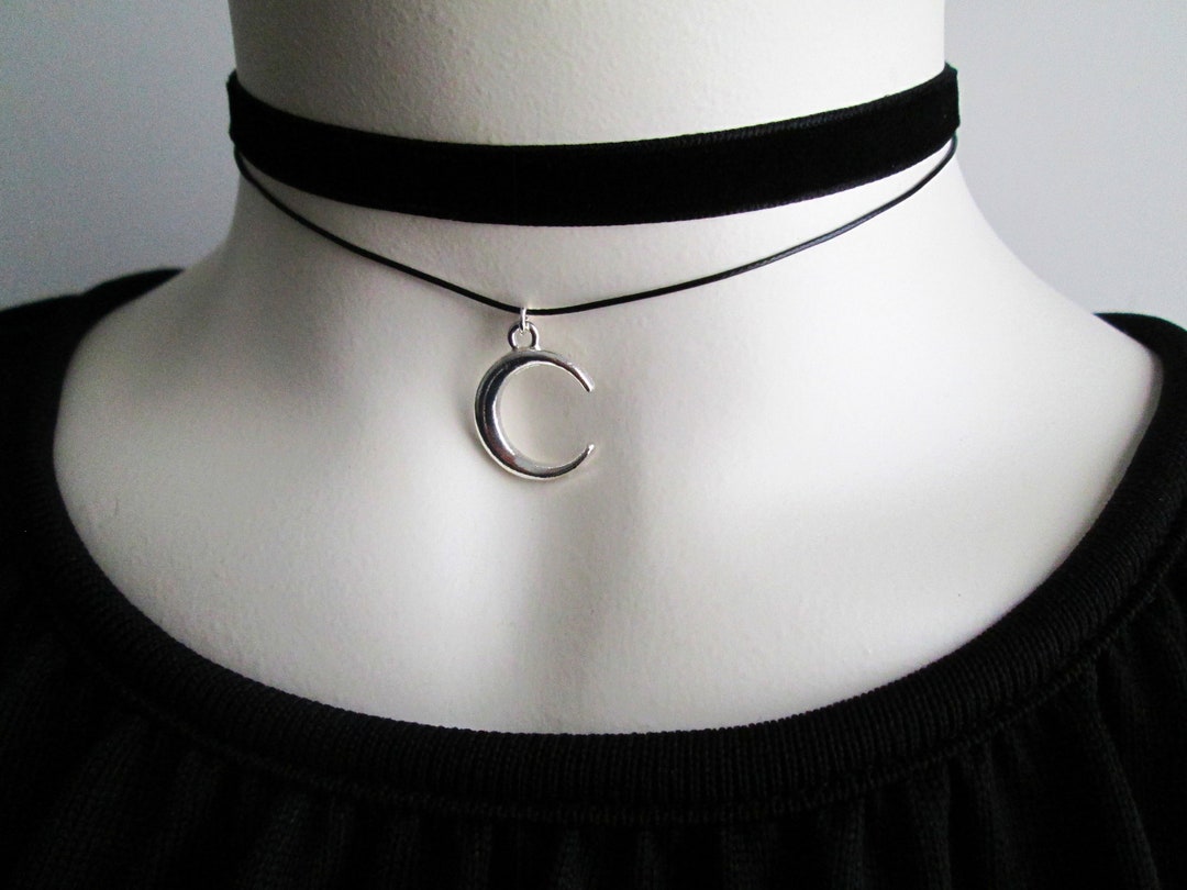Silver Crescent Moon Layered Choker, Black Velvet Choker, Black Cord ...