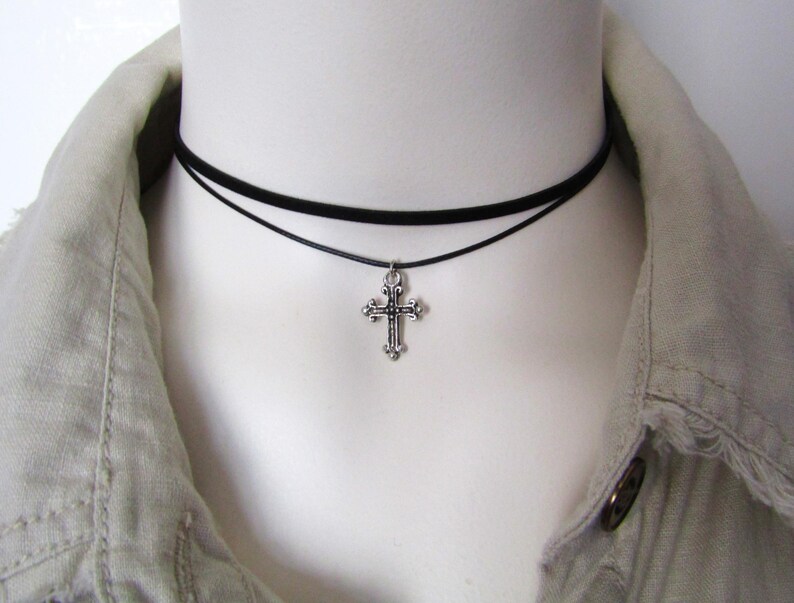 Dainty Cross Layered Choker, Black Double Strand Choker, Black Faux ...