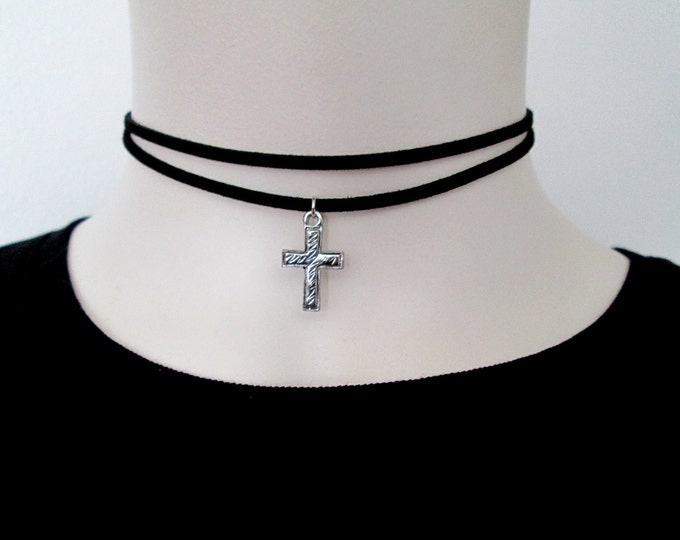 Silver Cross Choker, Black Faux Suede Double Strand Choker, Simple ...