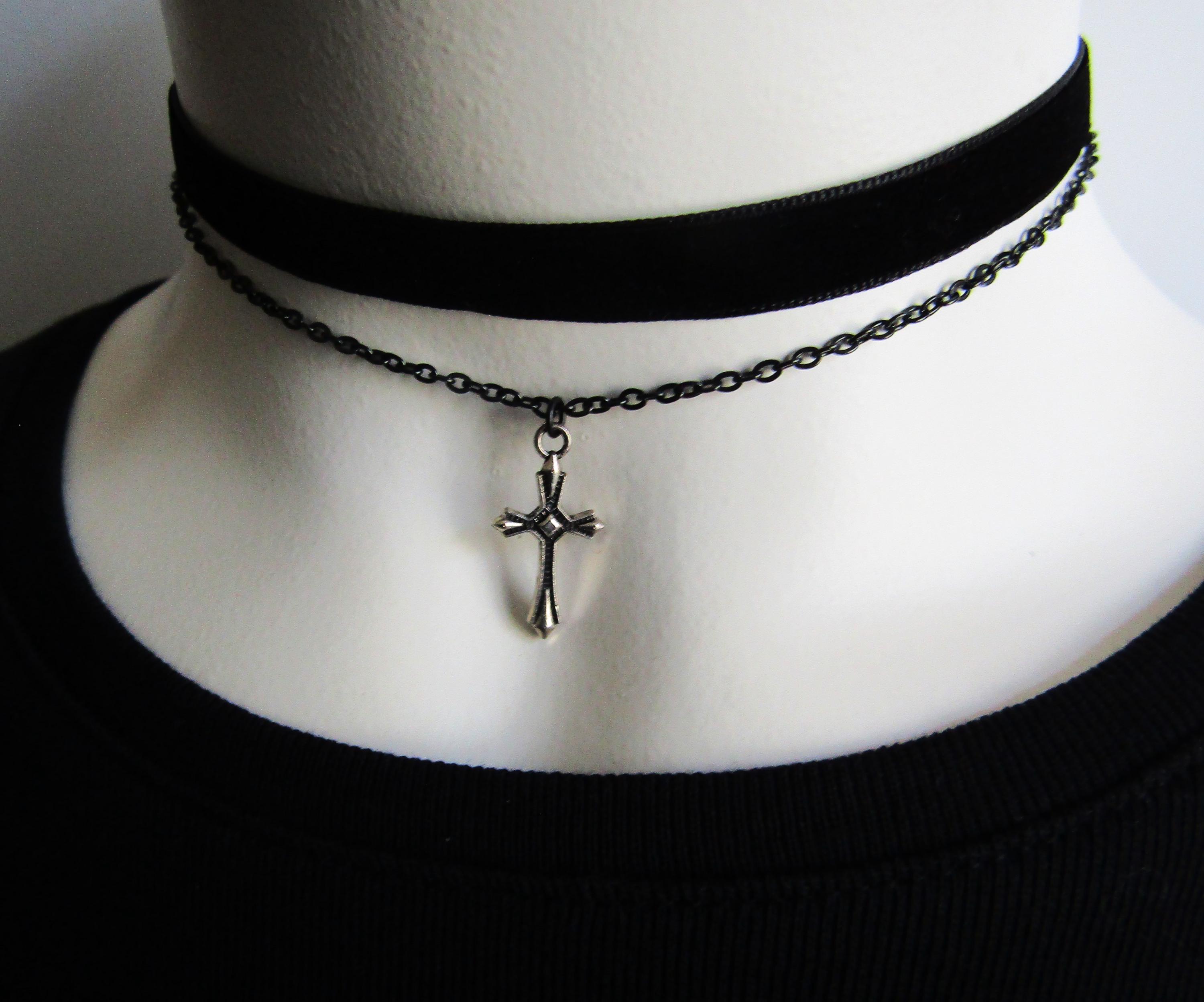 Fancy Silver Cross Layered Choker, Black Velvet Choker, Black Chain ...