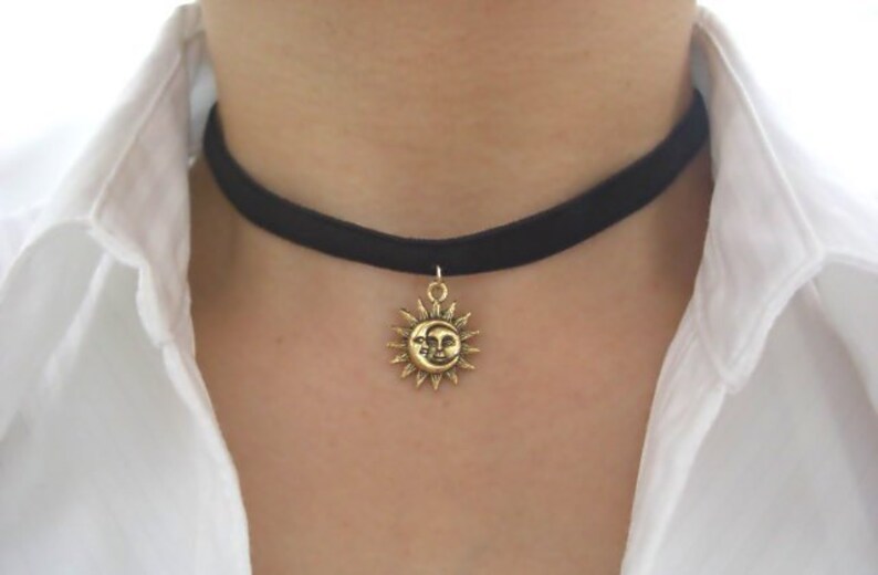 Gold Sun and Moon Pewter Charm Black Velvet Choker Love - Etsy