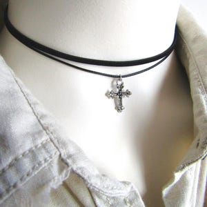 Dainty Cross Layered Choker, Black Double Strand Choker, Black Faux ...