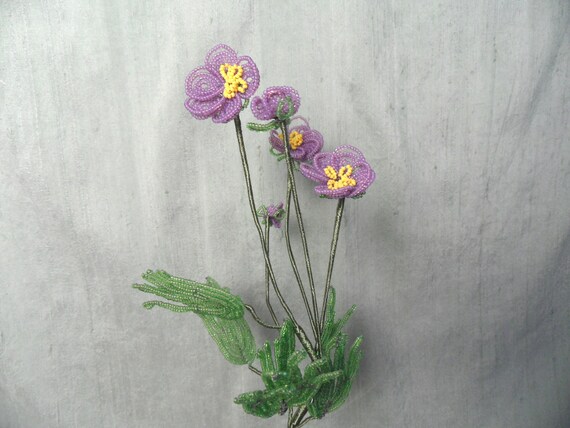 Purple beaded flower stem / tall seed bead glass flower in | Etsy