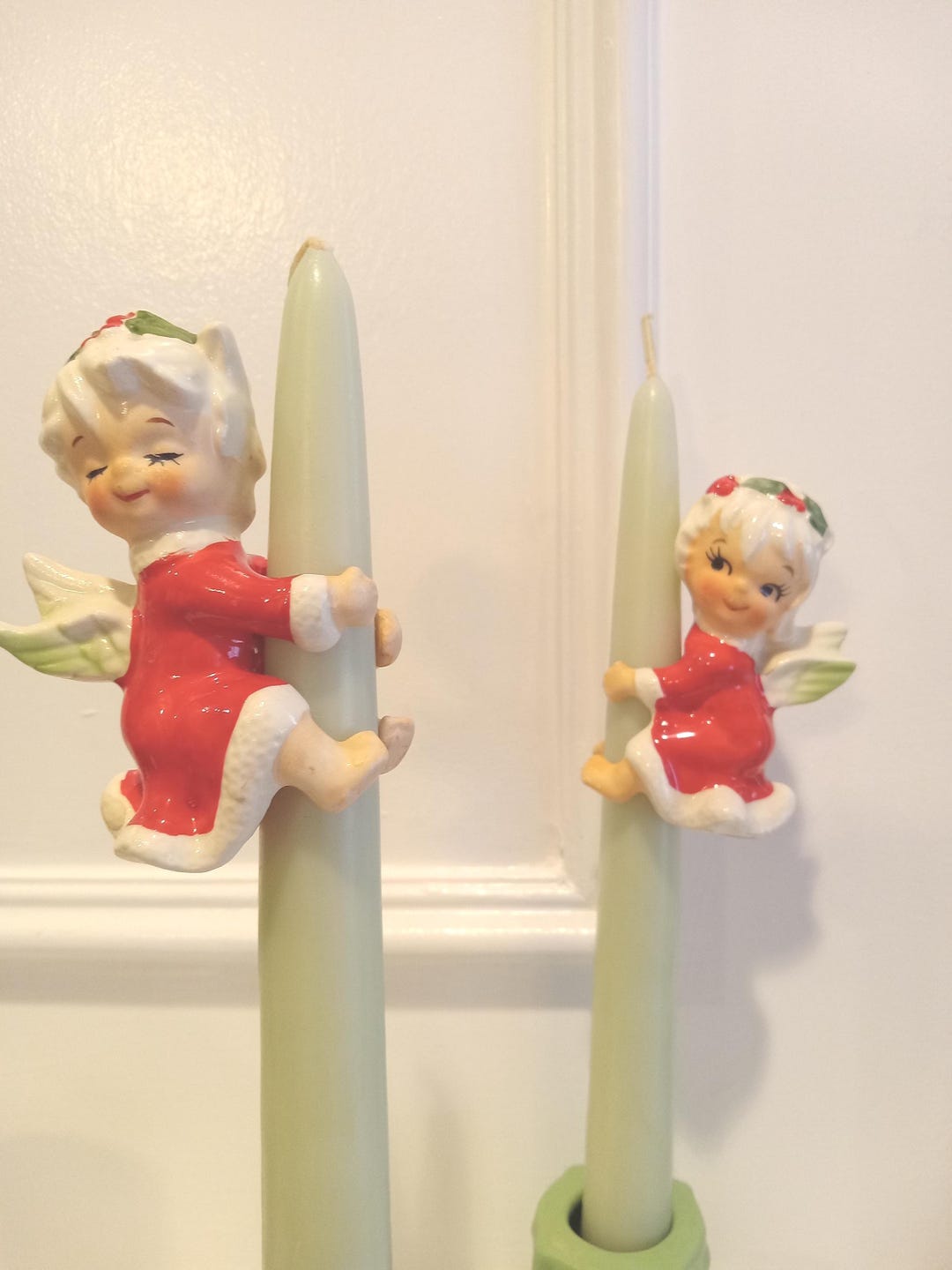 Lefton Angel Candle Climber Pair / Vintage Red Dress Ceramic Candle ...