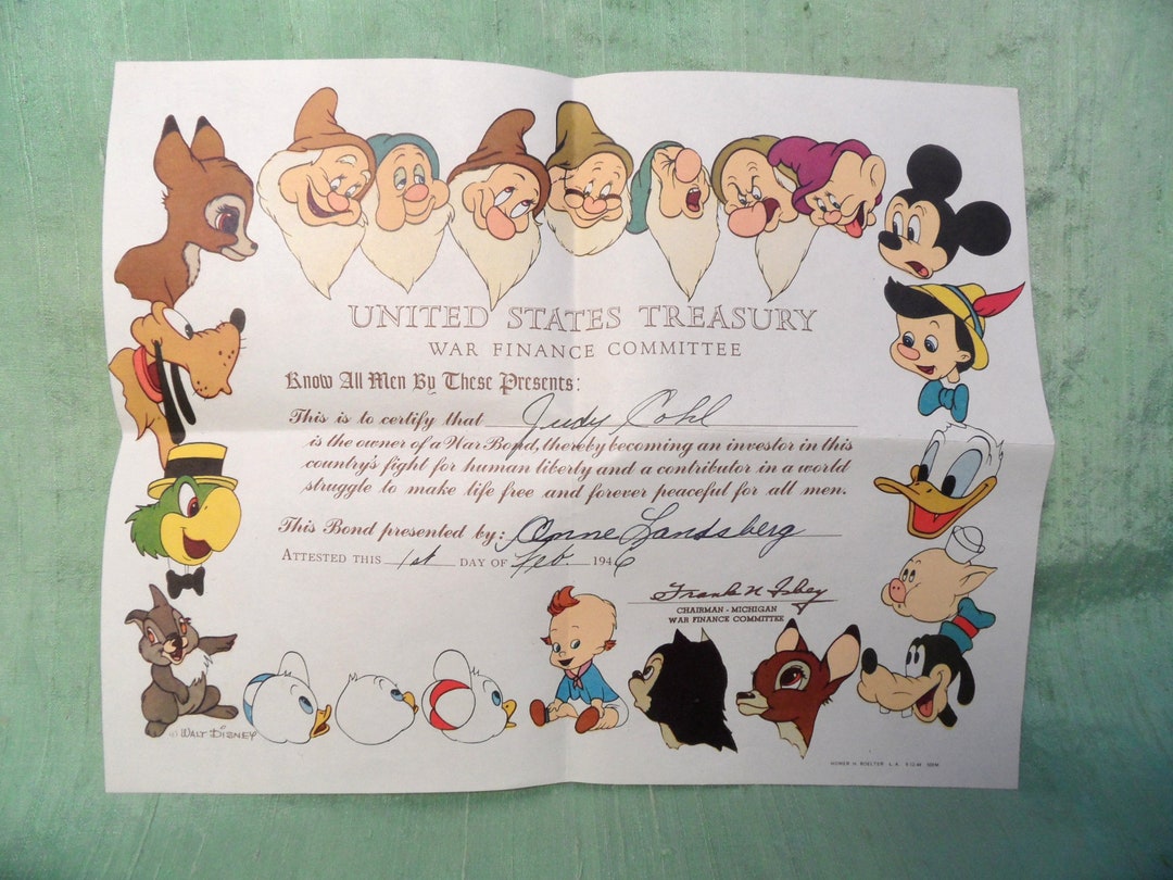 Disney Character US Treasury War Bond Certificate / 1946 Vintage ...
