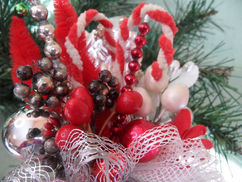 Holiday Corsage / Vintage Style Candy Cane Red and Silver Christmas ...