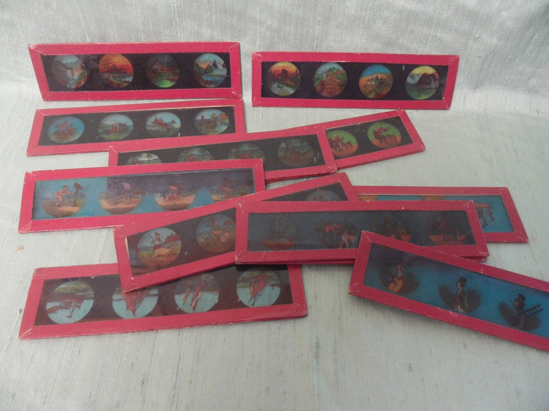 12 Magic Lantern Glass Slides With Colorful Cartoon Character Images ...