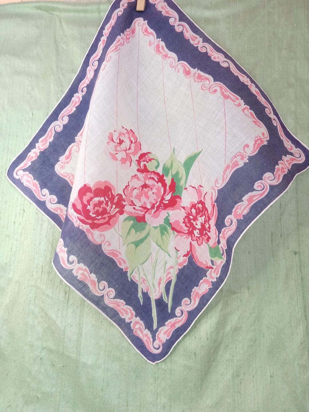 Navy Blue and Pink Floral Handkerchief / Vintage Hankie - Etsy