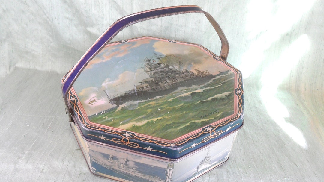 Military Naval Ship Tin / Vintage Shabby Octagonal Biscuit Tin, USS ...