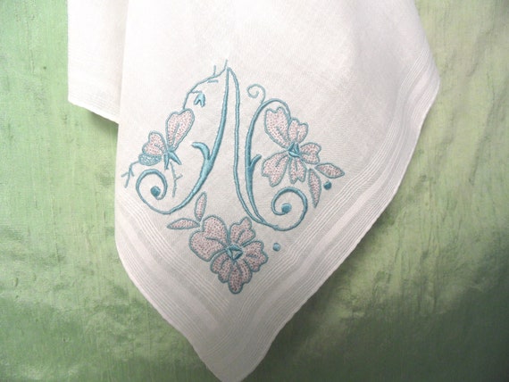 Monogram N embroidered handkerchief / vintage, blue a… - Gem