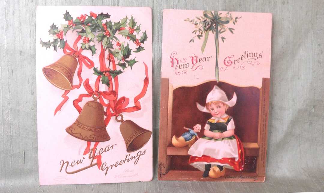 2 Clapsaddle New Year Greetings Postcards, 1907 Dutch Girl, Bells ...