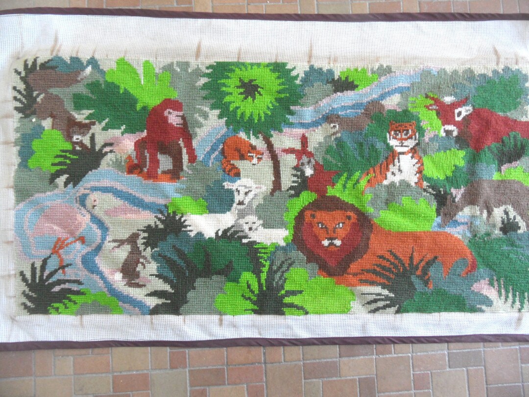 Large Needlepoint Panel W Animals / Vintage Multiple Animal Scene ...