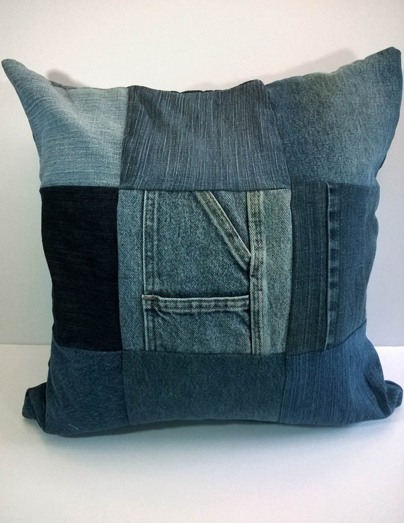 Upcycled Denim Patchwork Pillow - Jean Pocket Throw Pillow - Rustic ...