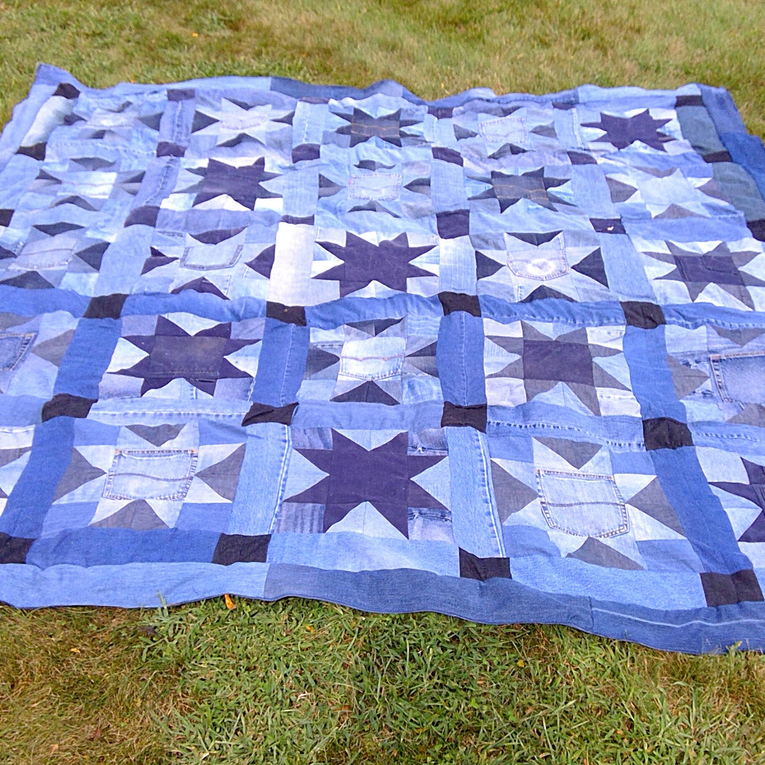 Star Denim Quilt - Upcycled Jean Blanket - Repurposed Denim Patchwork ...