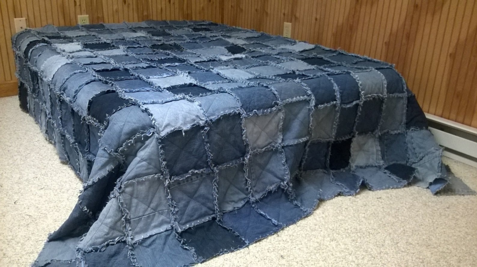 Upcycled Denim Rag Quilt Queen Size Jean Quilt - Handmade Patchwork ...