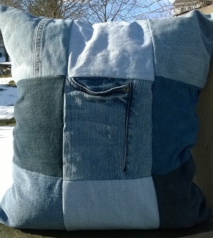 Upcycled Denim Patchwork Pillow - Jean Pocket Throw Pillow - Rustic ...