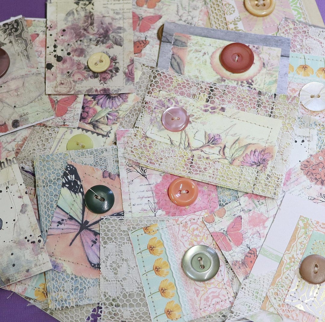 12 Handmade Button Cards / Journal Cards, Pocket Fillers., Machine Sewn ...