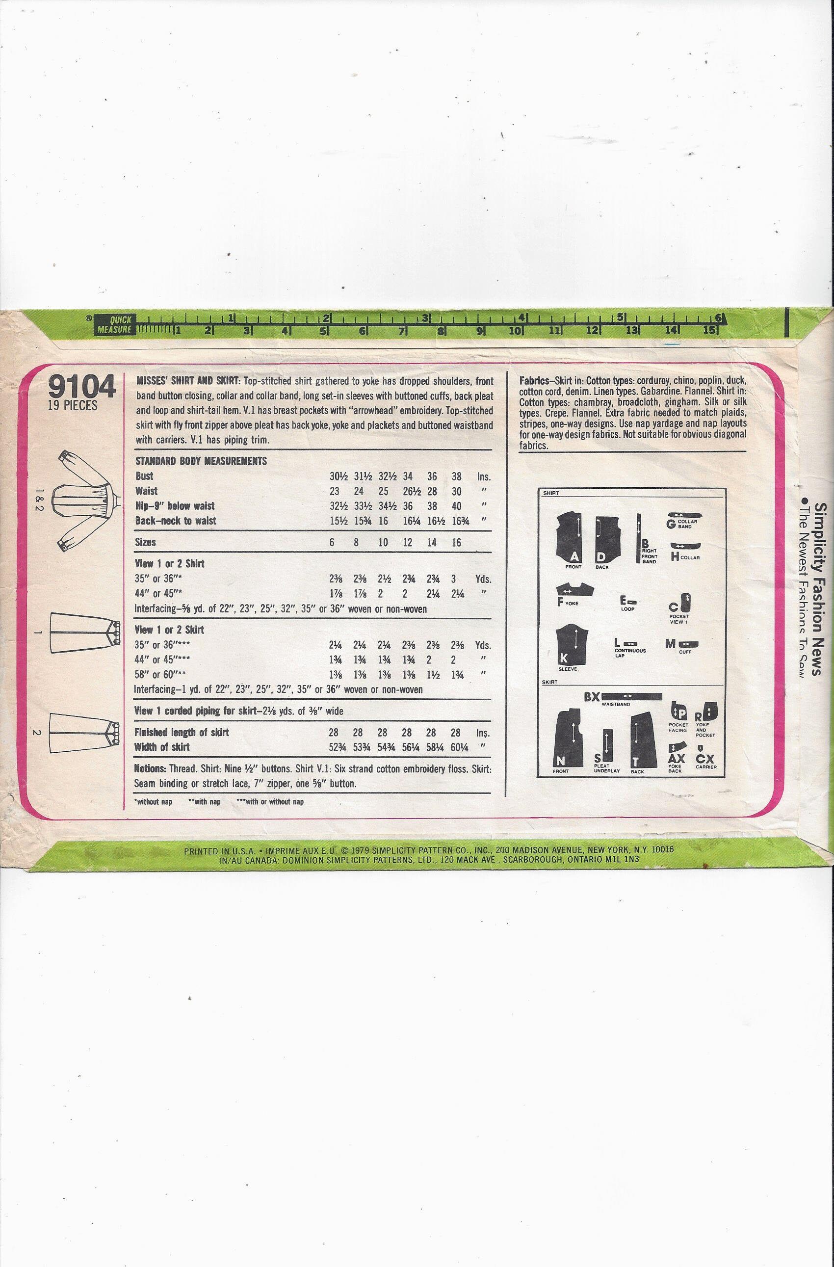 Simplicity 9104 Pattern for Misses' Skirt Shirt Size 12 - Etsy Canada