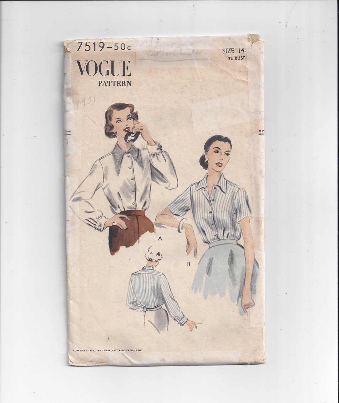 Vogue 7519 Pattern for Misses' Blouse, Short or Long Sleeves, From 1951 ...