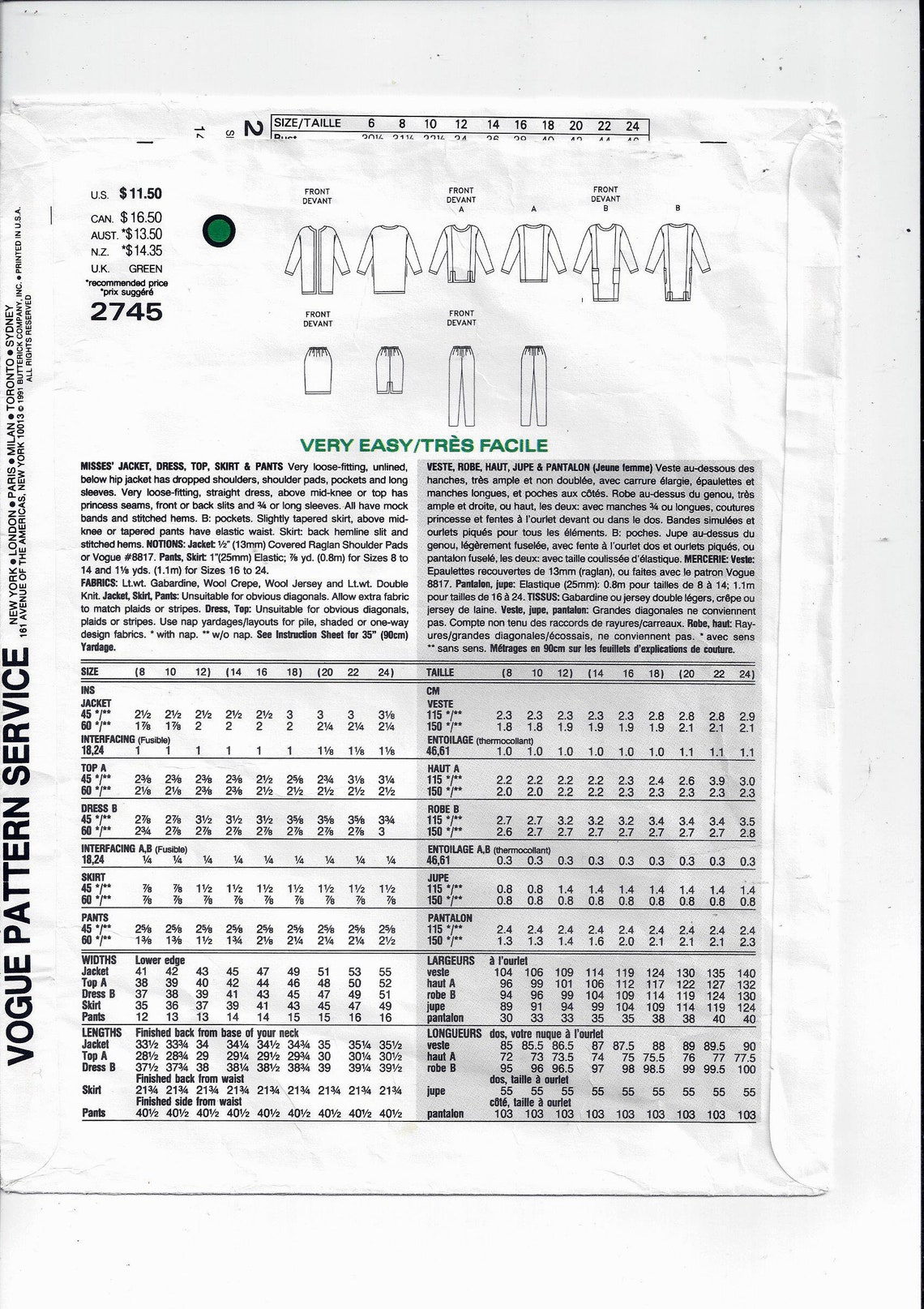 Vogue 2745 Pattern for Misses' Jacket Dress Top Skirt | Etsy