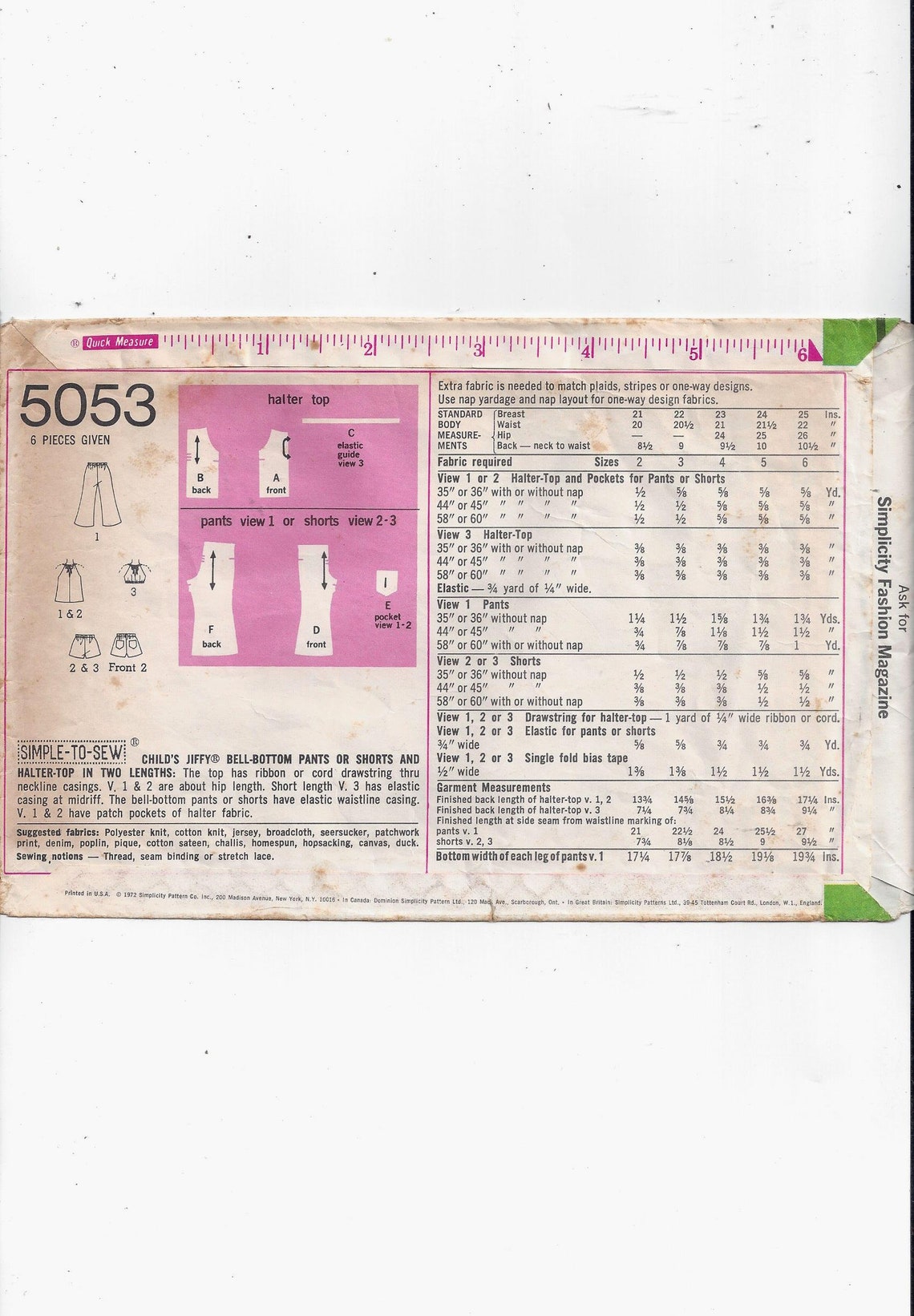 Simplicity 5053 Jiffy Pattern for Girls' Bell Bottom Pants, Shorts ...