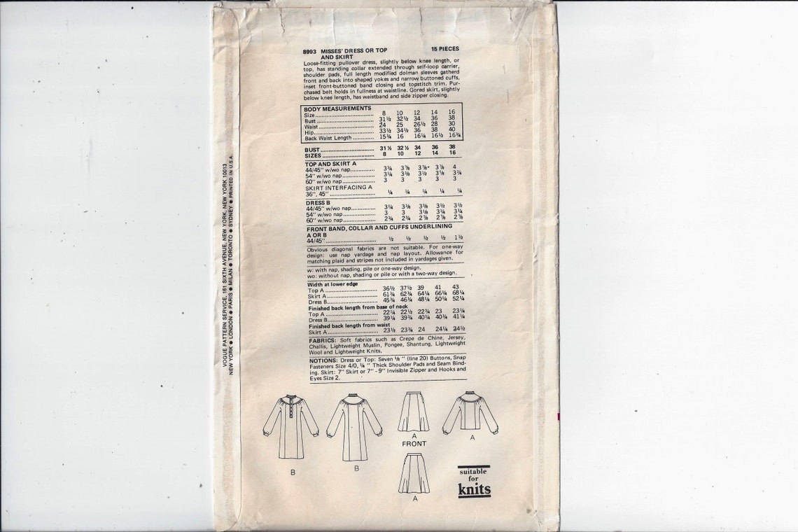Vogue 8993 Pattern for Misses' Dress Top Skirt Size 10 | Etsy