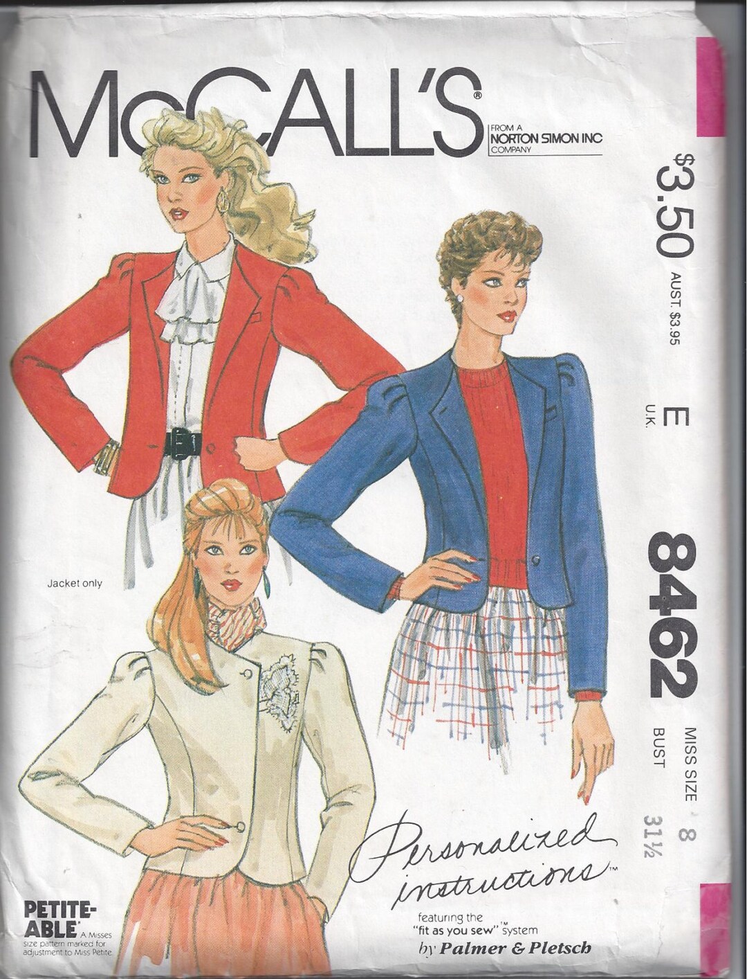 Mccall's 8462 Pattern for Misses' Jacket in 3 Styles, Size 8, From 1983 ...