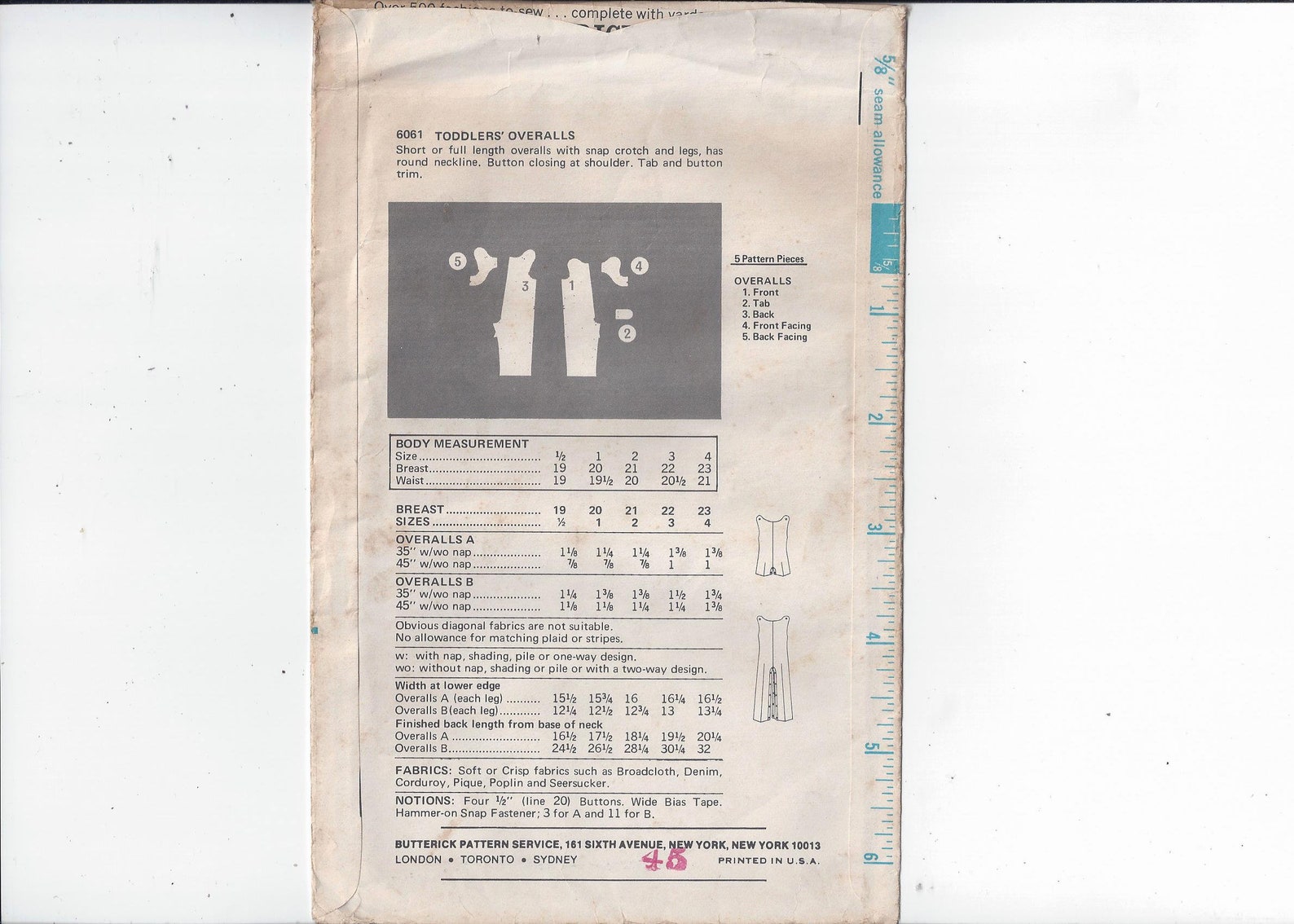 Butterick 6061 Pattern for Toddlers' Overalls, Size 3, From 1960s ...