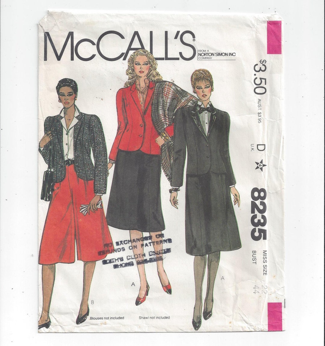 Mccall's 8235 Pattern for Misses' Jacket, Skirt, & Culottes, Size 22 ...
