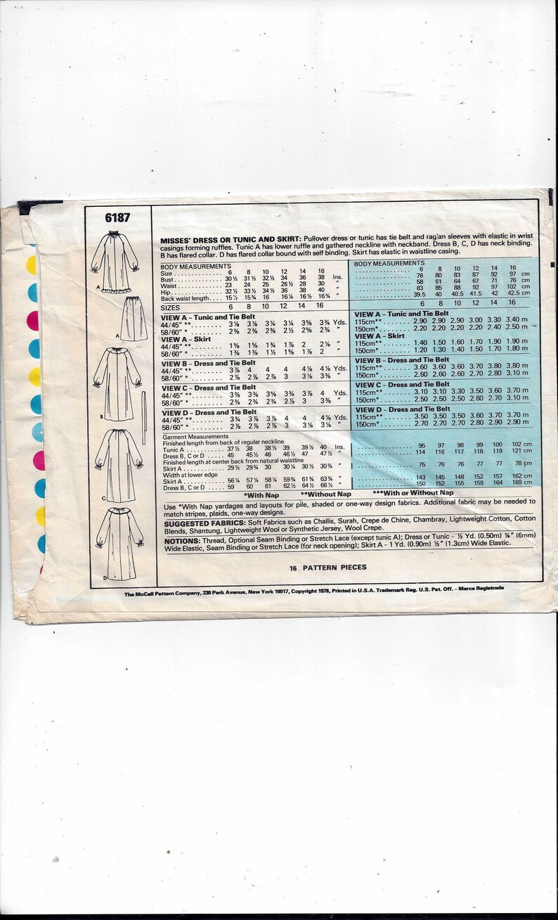 Mccall's 6187 Pattern for Misses' Dress, Tunic, Skirt in 4 Versions ...