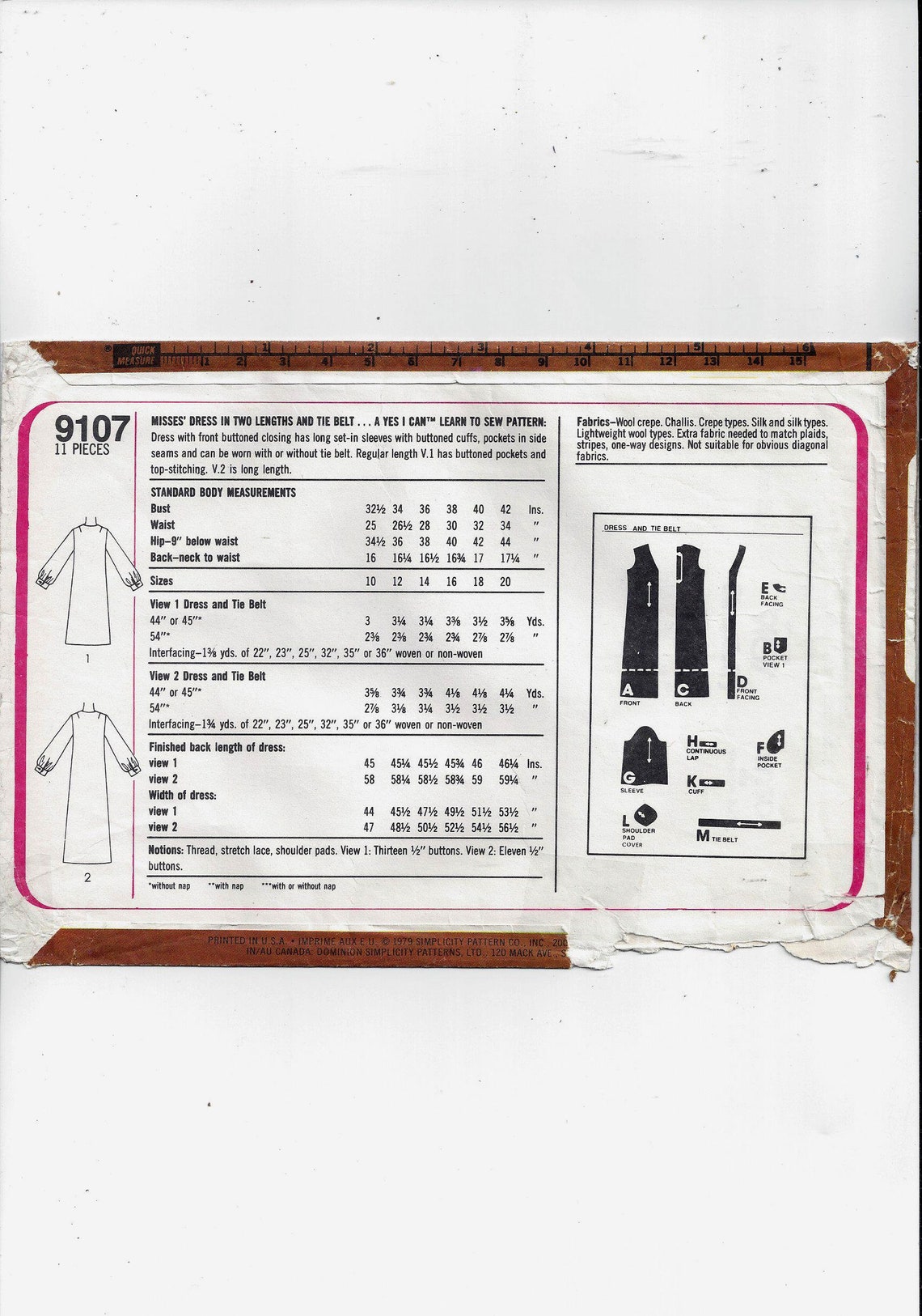Simplicity 9107 Pattern for Misses' Dress, Plus Size 20, From 1979 ...