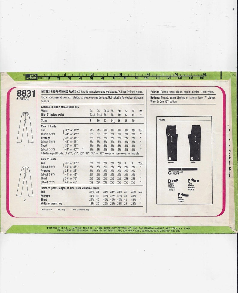 Simplicity 8831 Pattern for Misses' Proportioned Pants - Etsy