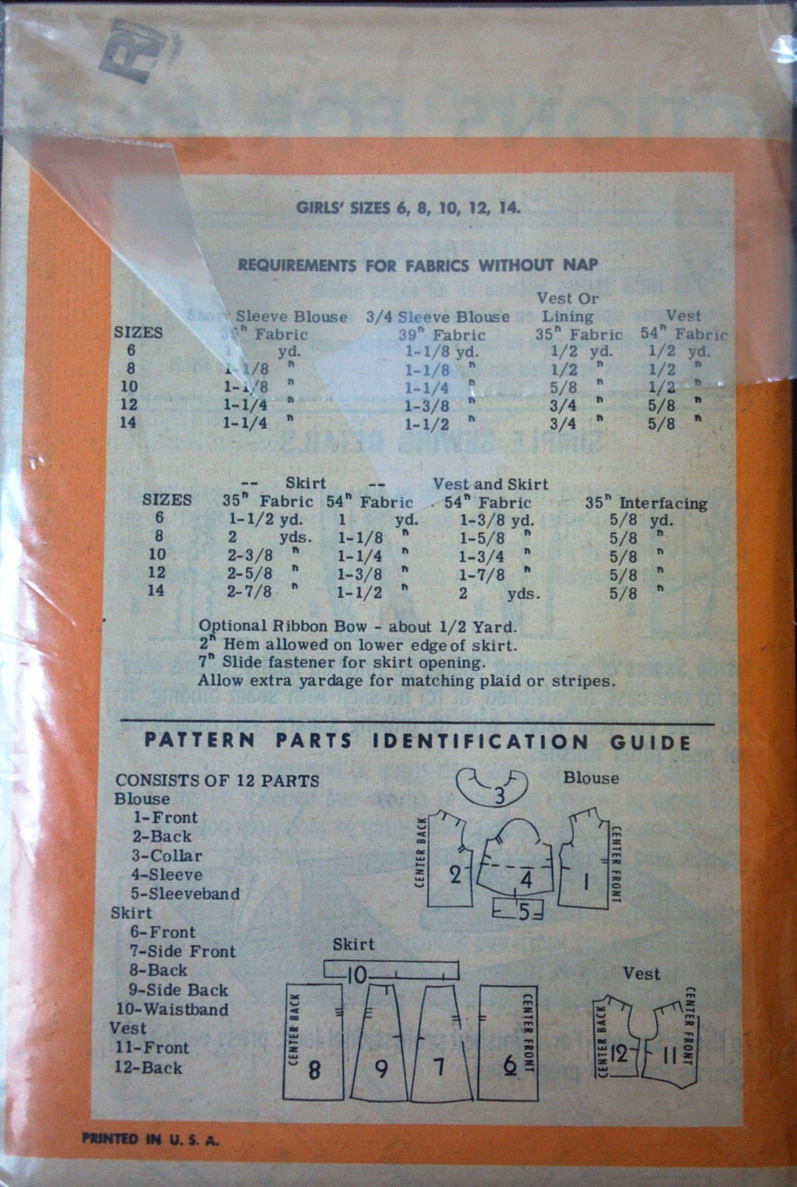 Mail Order Pattern 9084 for GIRLS' Pleated Skirt, Blouse, Vest, Size 12 ...