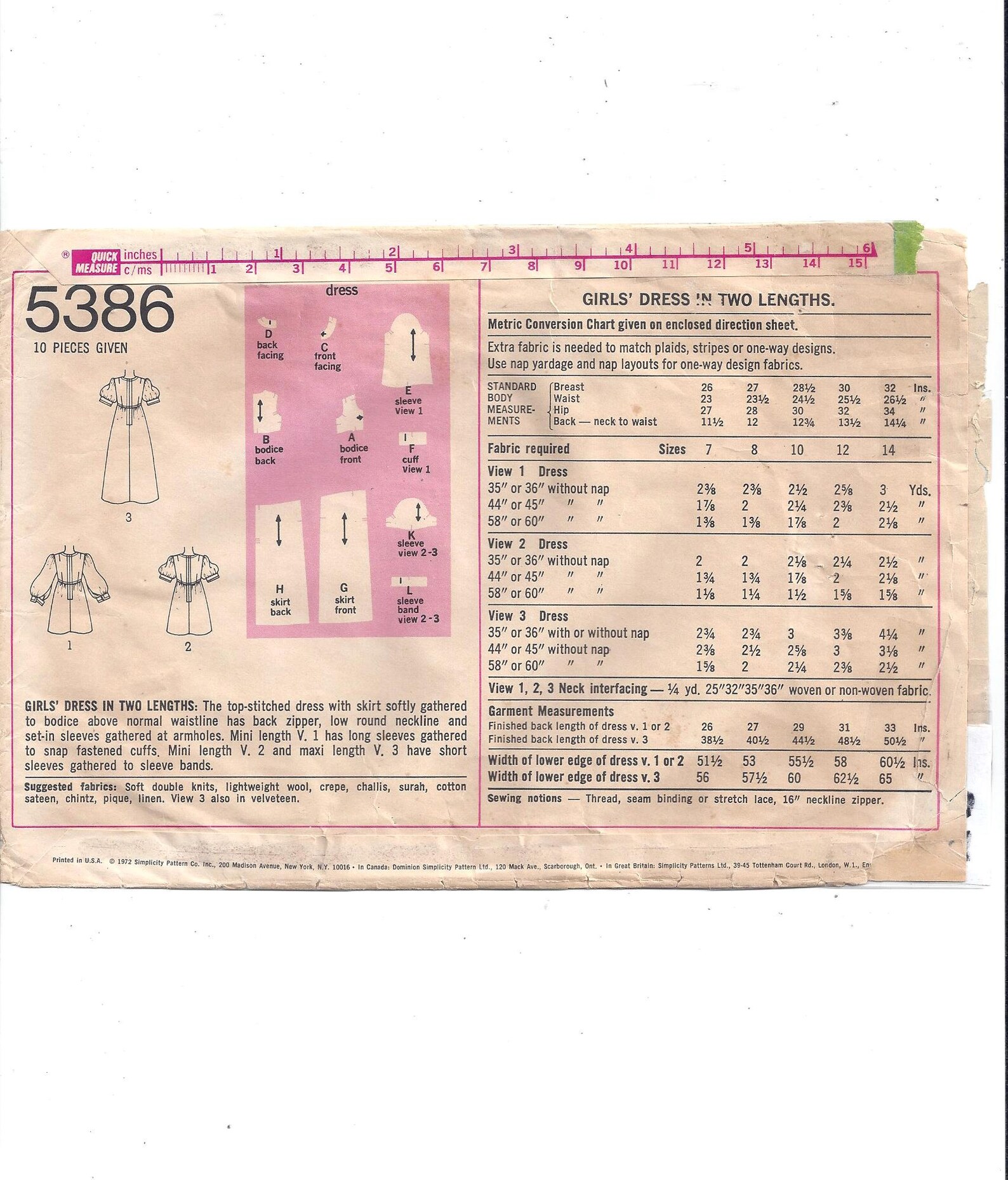 Simplicity 5386 Pattern for Girls' Dress in 2 Lengths - Etsy