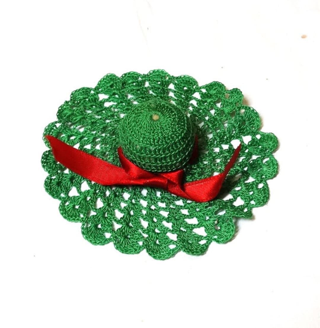 1950s Vintage Crocheted Pin Cushion in Hat Shape, Green With Red Ribbon ...