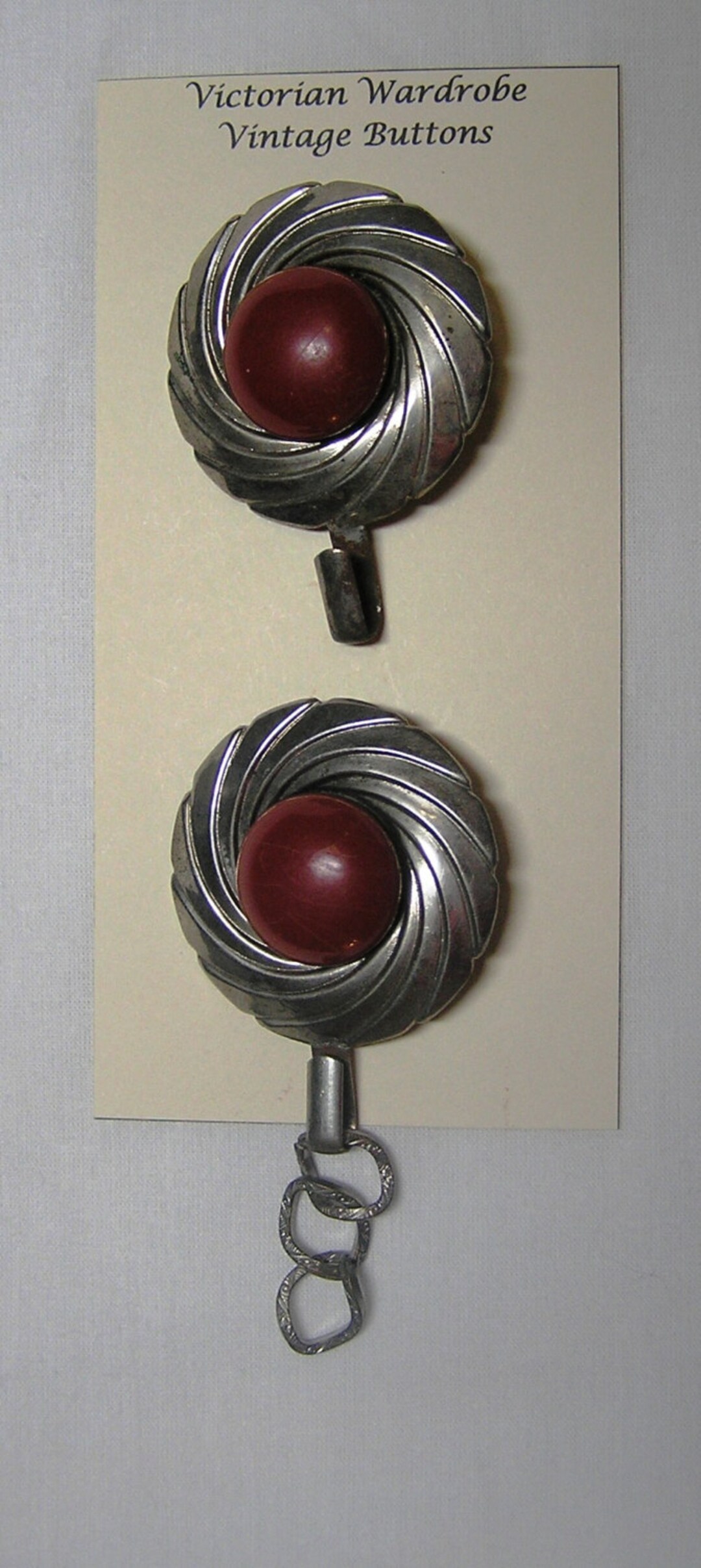 1960s Vintage Metal Swirl Buttons With Red Center and Chain, Set of Two ...