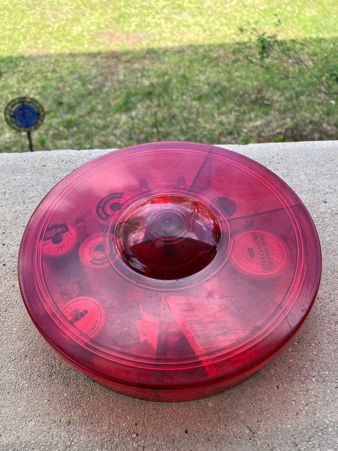 Red Round Plastic Sewing Box With Notions, 6.25 Inches Diameter. Mini ...