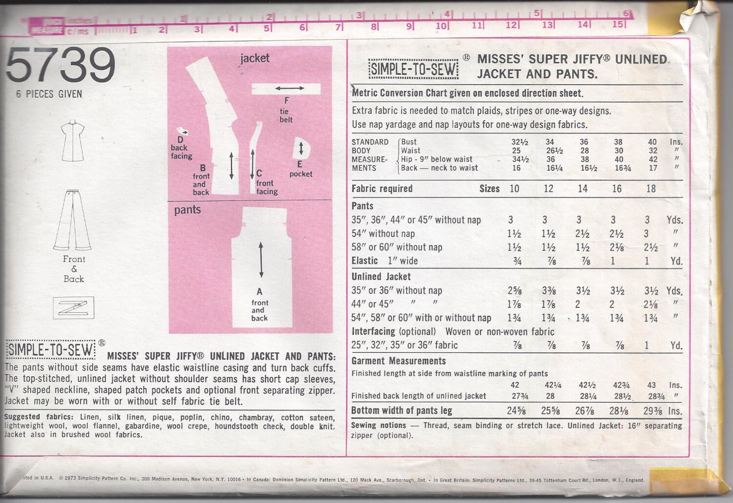 Simplicity 5739 Pattern for Misses Unlined Jacket & Pants - Etsy