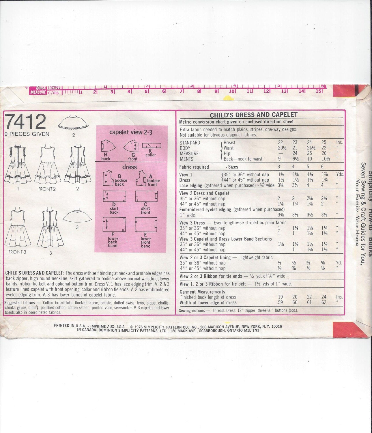 Simplicity 7412 Pattern for Girls' Dress and Capelet, Size 4, From 1976 ...