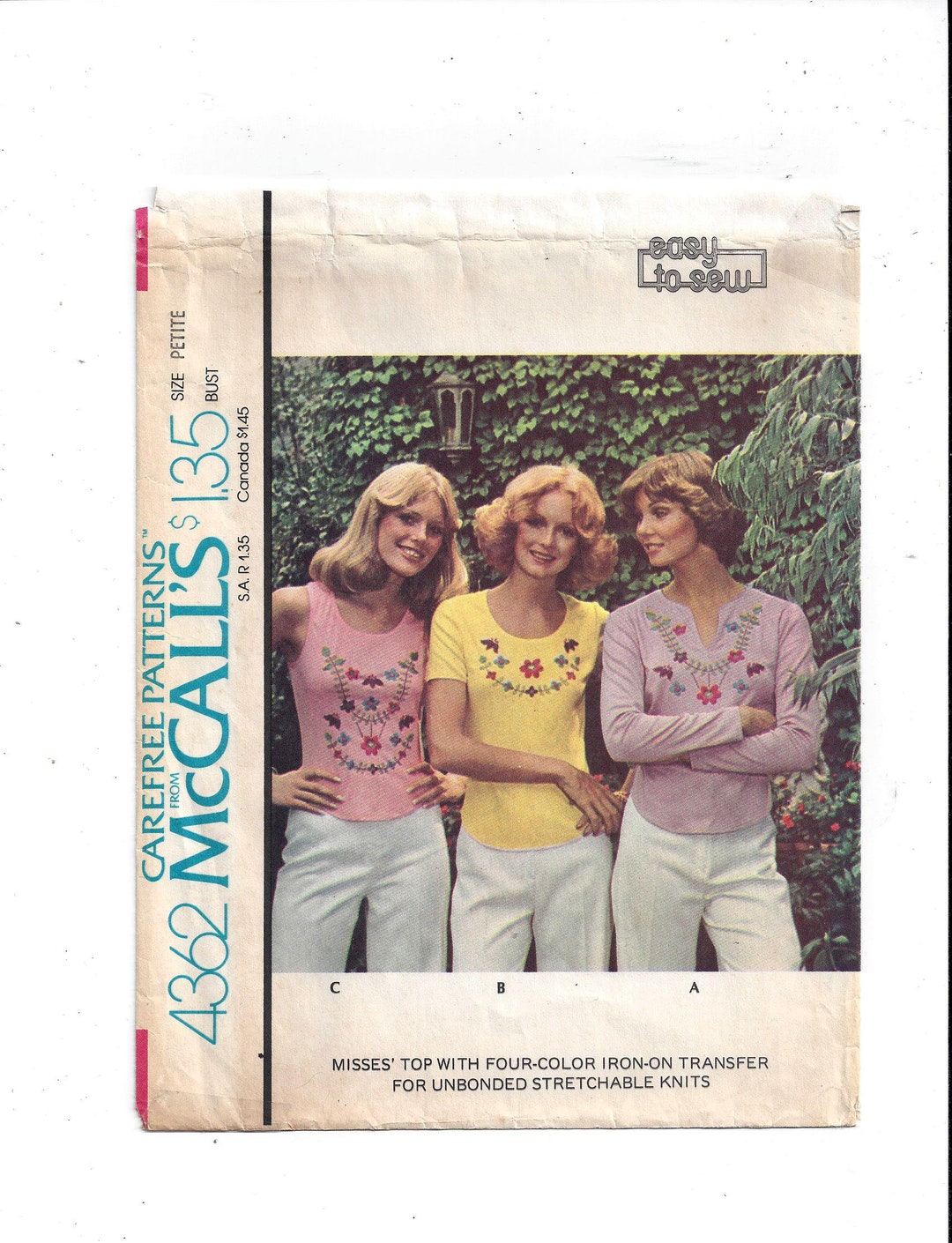 Mccall's 4362 Pattern for Misses' Top With 4 Color Iron on Transfer ...