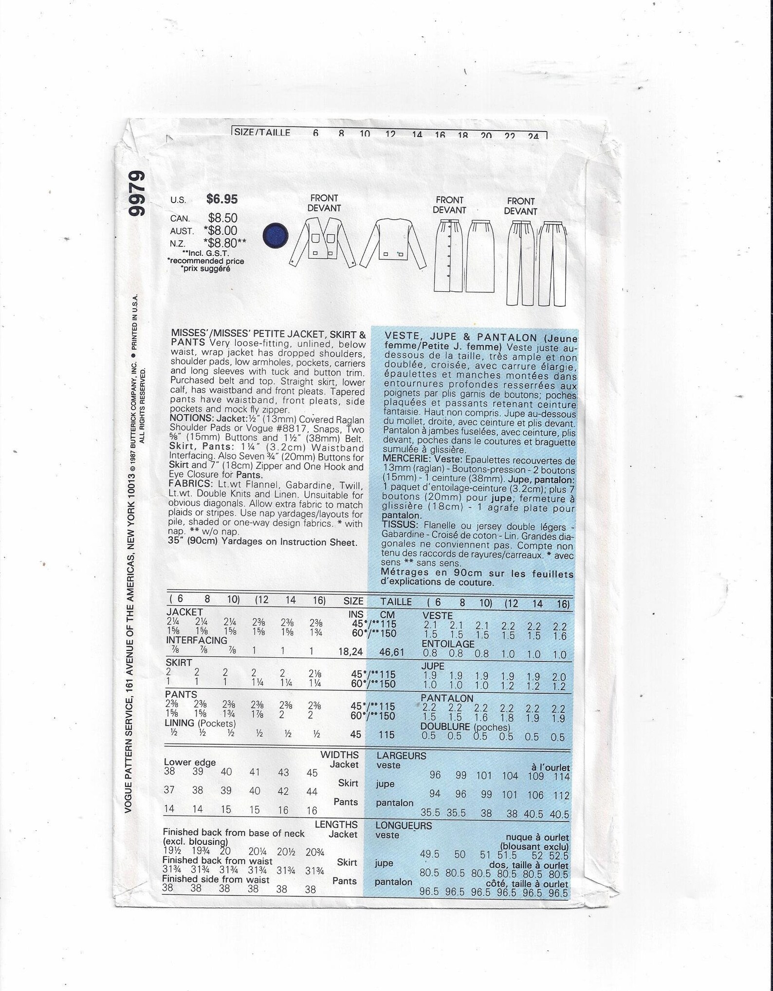 Vogue 9979 Pattern for Misses' Jacket Skirt Pants Sizes - Etsy