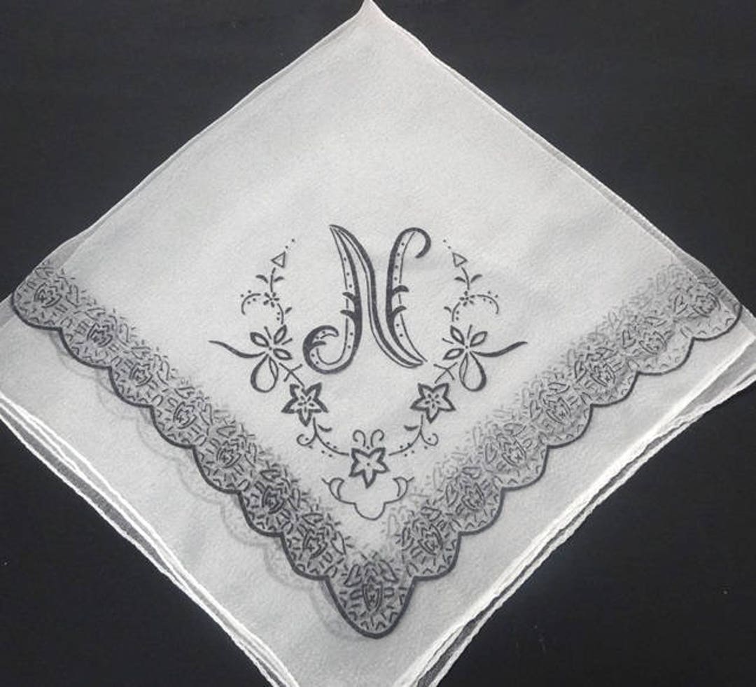 1960s Nylon Sheer Fashion Scarf in White With Black Flocking & Monogram ...