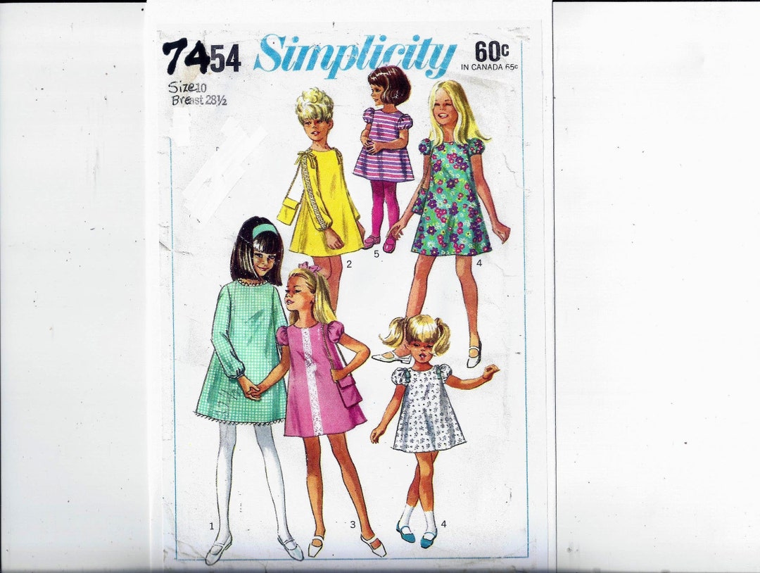 Simplicity 7454 Pattern for Girls' Jiffy Dress & Bag, Size 10,from 1967 ...