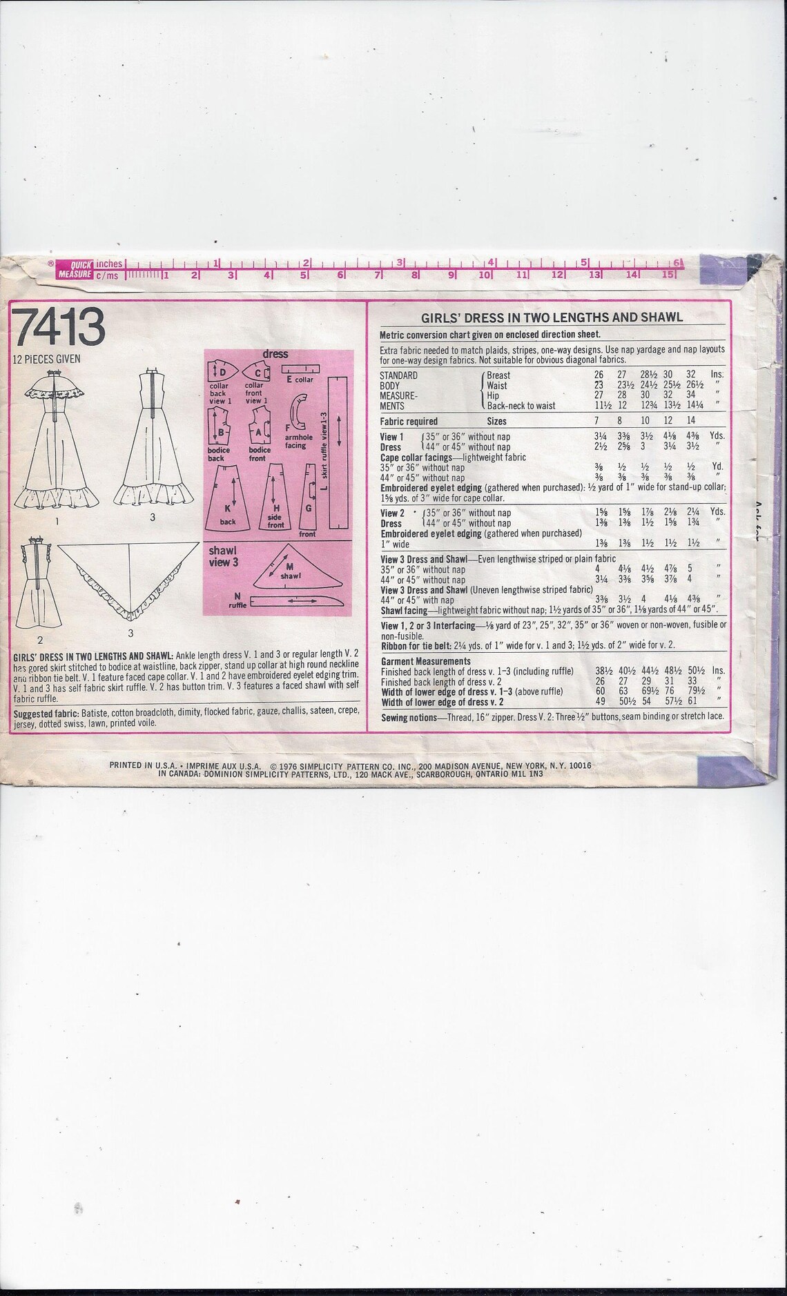 Simplicity 7413 Pattern for Girls' Dress in 2 Lengths and Shawl, Size ...