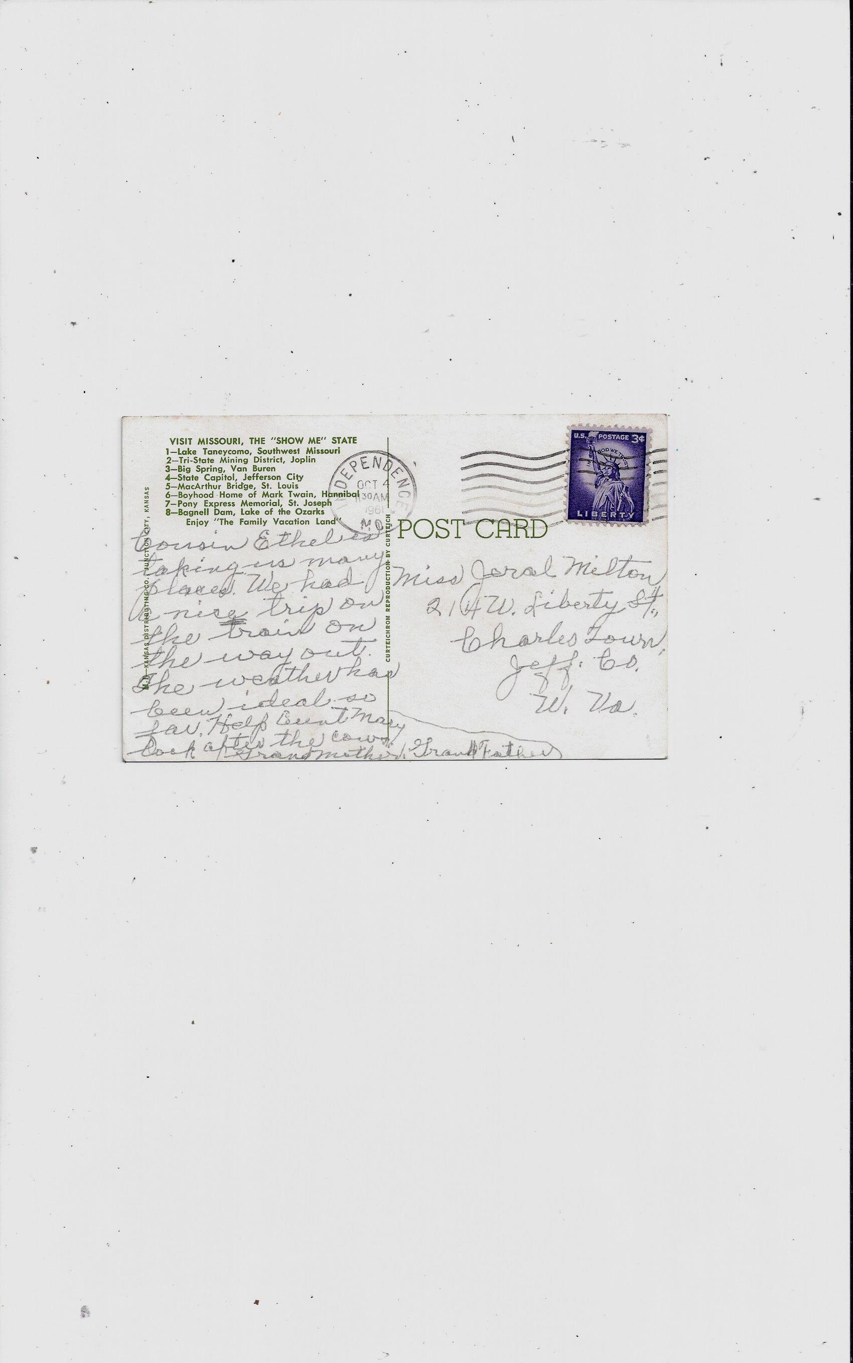 1961 Missouri Map Postcard, Posted With Message & 3 Cent Stamp, 8 Small ...