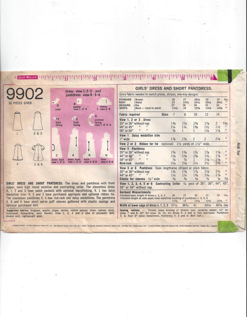 Simplicity 9902 Pattern for Girls' Dress and Short - Etsy